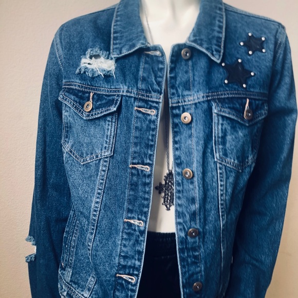 JustFab | Jackets & Coats | Destroyed Denim Jacket With Black Star ...